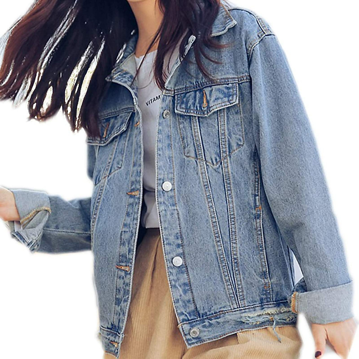 Saukiee Oversized Denim Jacket Distressed Boyfriend Jean Coat Jeans Trucker Jacket for Women Girls Lightblue M