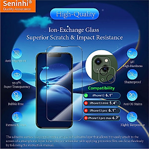 Seninhi [3+3Pack] for iphone 13 (6.1inch) Screen Protector 3Pack + Camera Lens Protector 3Pack, Tempered Glass Screen Protector [With Easy Installation Frame] [9H Hardness] [Anti-Scratch] [Bubble