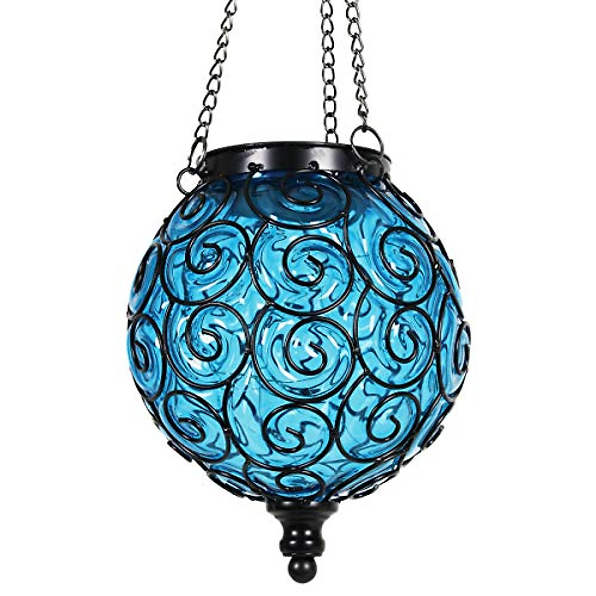 Exhart Outdoor Garden Solar Lights, Round Glass and Metal Hanging Lantern, 15 Firefly LED Lights, 7 x 20 Inch, Blue