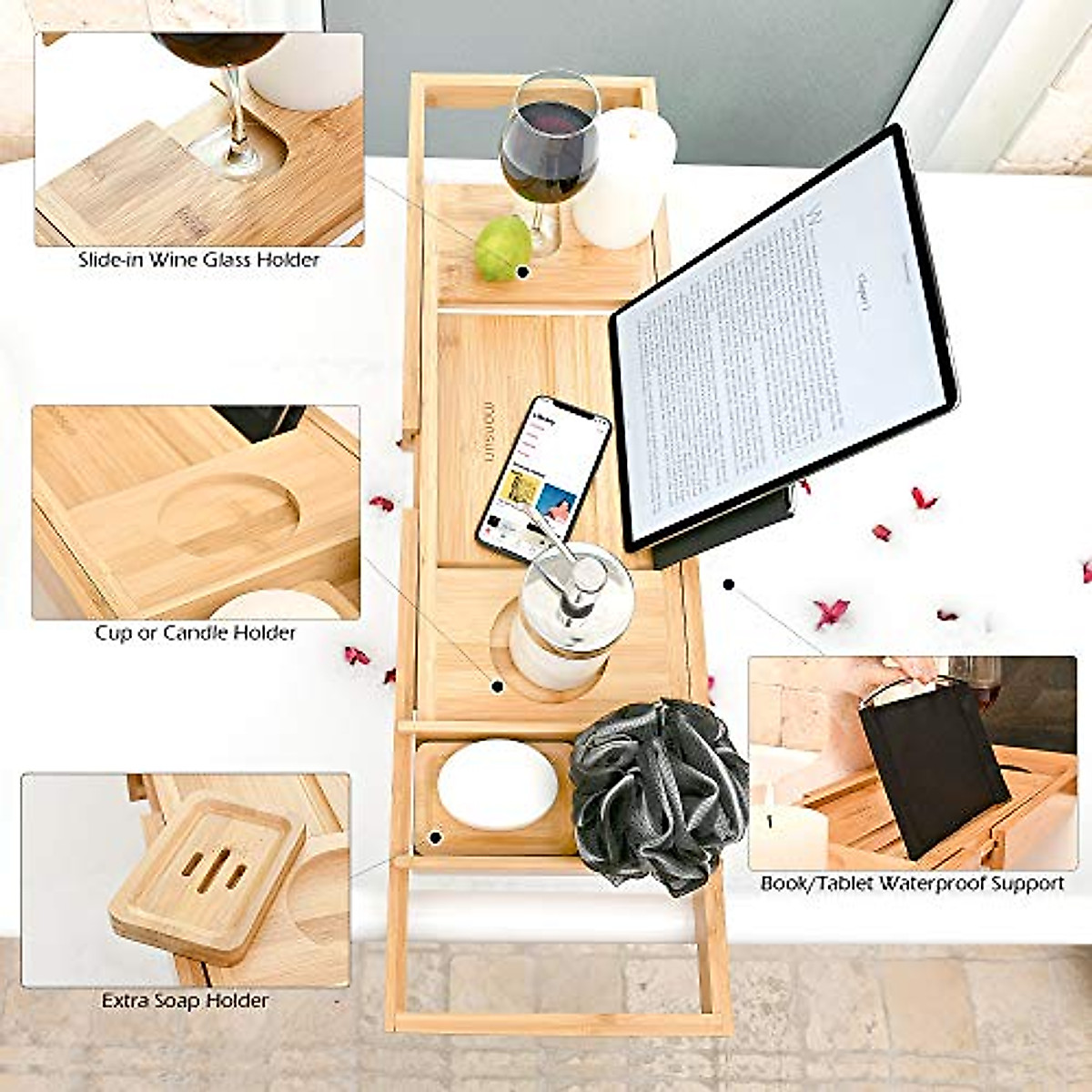 Bath Caddy Tray for Tub: Bamboo Bathtub Tray Caddy Expandable with Wine Glass Holder and Book Stand. Luxury Bubble Bath Accessories & Spa Decor. Self Care Gifts for Women, Birthday Gift for Mom.