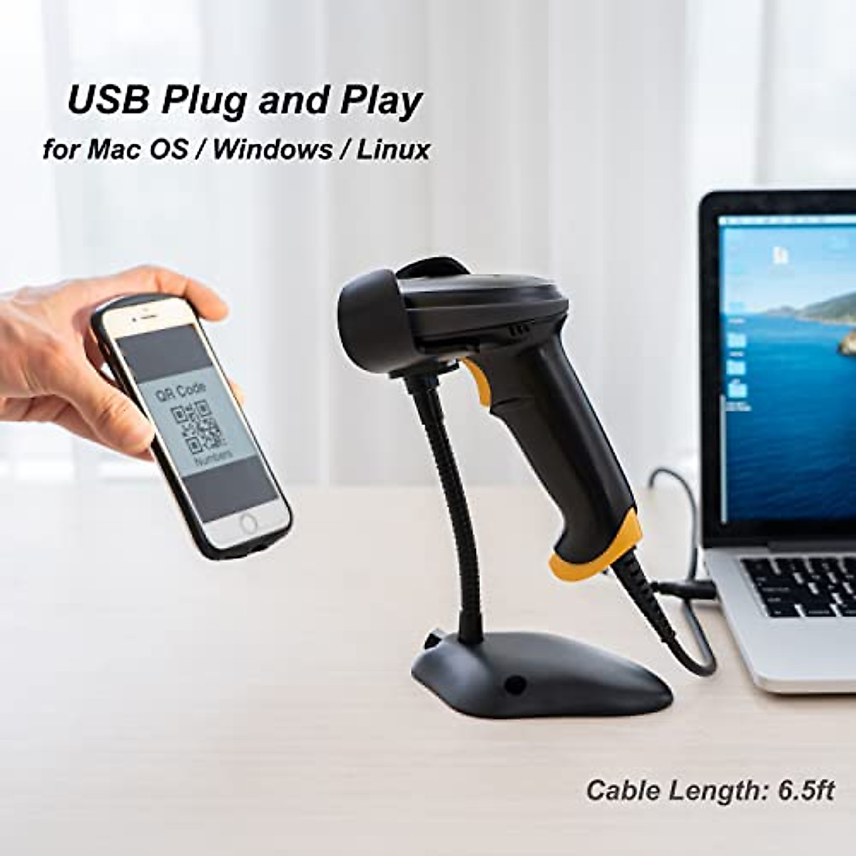 TEEMI 2D Barcode Scanner USB Wired Handheld Automatic QR Data Matrix PDF417 bar Codes Imager for Mobile Payment Computer Screen Scan (Stand Included)