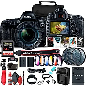 Canon EOS 5D Mark IV DSLR Camera with 24-70mm f/4L Lens (1483C018) + 64GB Memory Card + Color Filter Kit + Filter Kit + LPE6 Battery + Charger + Card Reader + Corel Photo Software + More (Renewed)
