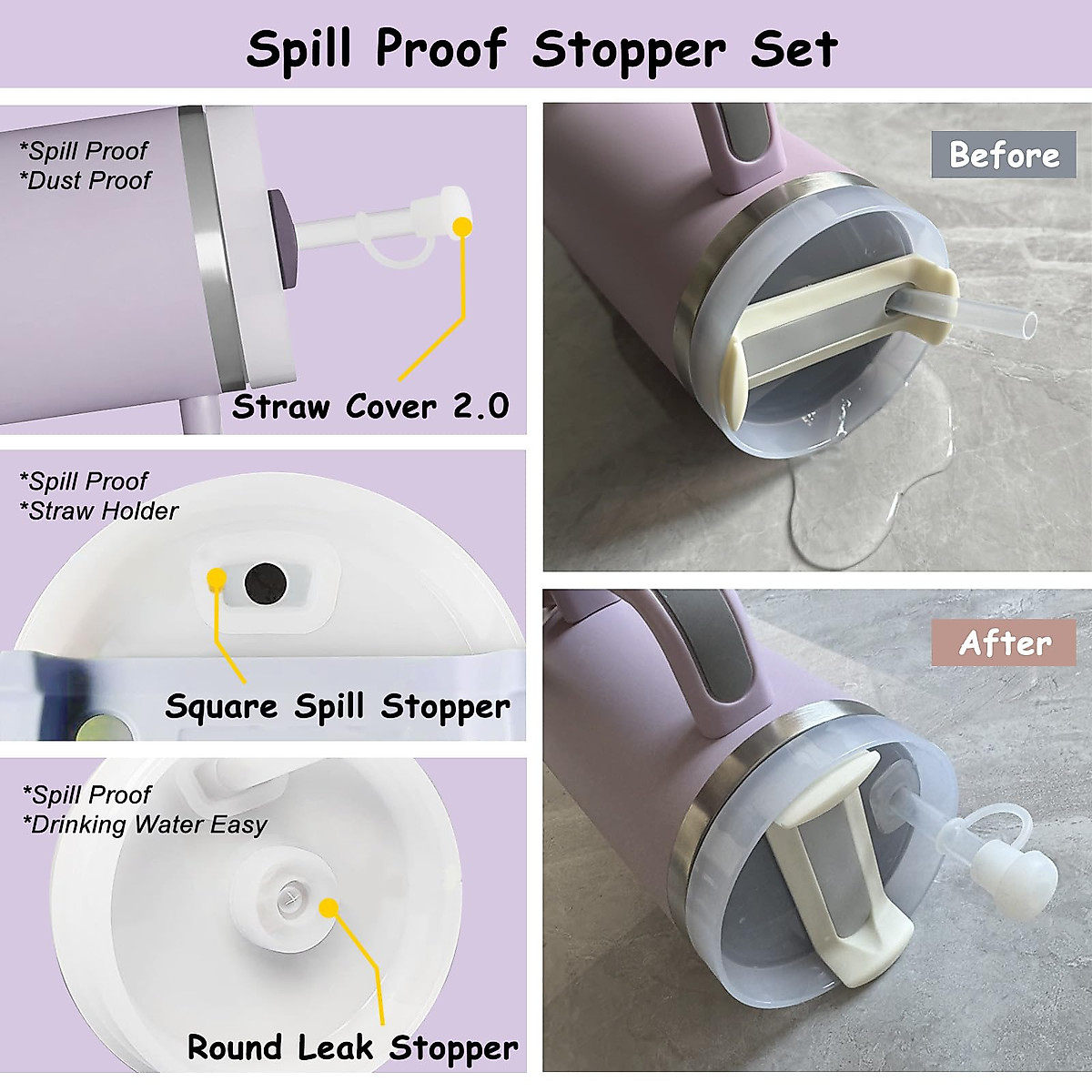 Stanley Cup Accessories Set,Including 2 Pcs 0.4in Straw Cover, 1 Silicone Spill-Proof Stopper Set of 3, 1 Name ID Letter Handle Charm, 1 Silicone Stanley Cup Boot Fits Stanley 40&30 Oz Tumbler (M)