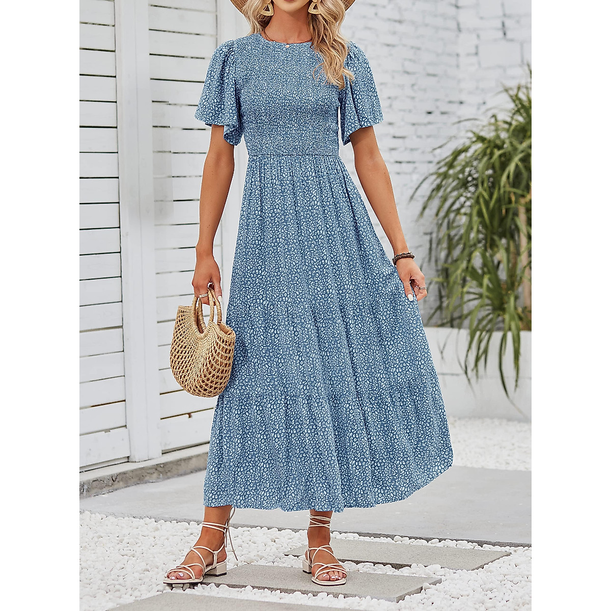 ZESICA Women's 2025 Summer Casual Floral Print Short Flutter Sleeve Crew Neck Smocked High Waist Flowy Maxi Dress,Blue,Large