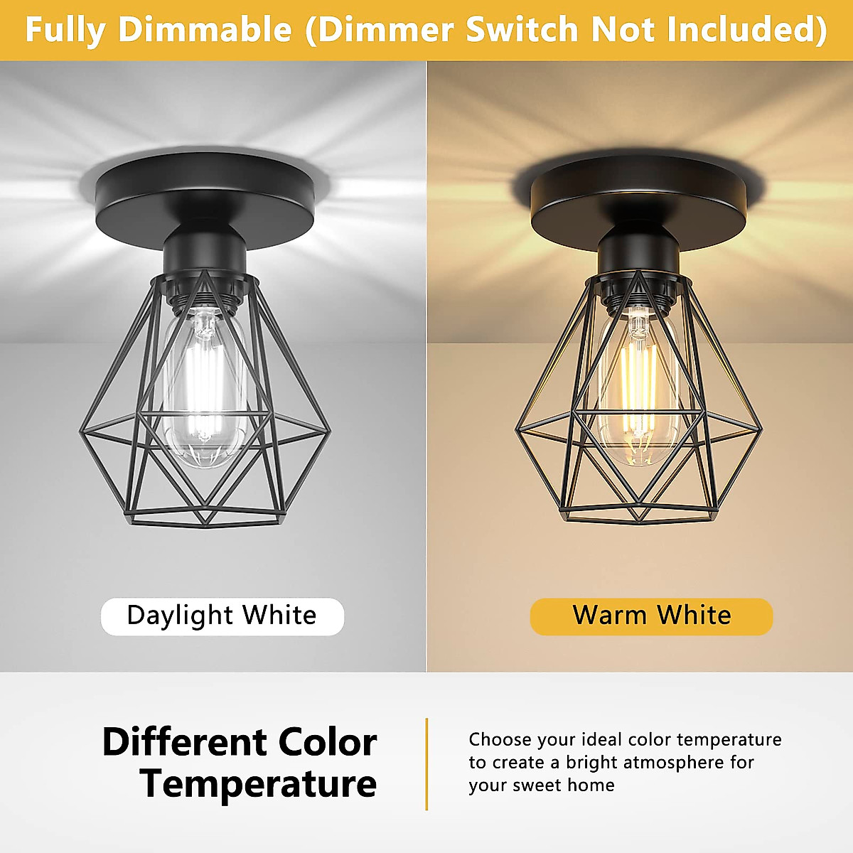 FadimiKoo 2-Pack Semi Flush Mount Ceiling Light, Black Hallway Light Fixtures Ceiling Mount, Farmhouse Metal Cage Pendant Indoor Modern Ceiling Lamp for Kitchen Porch Bedroom (LED Bulbs Included)