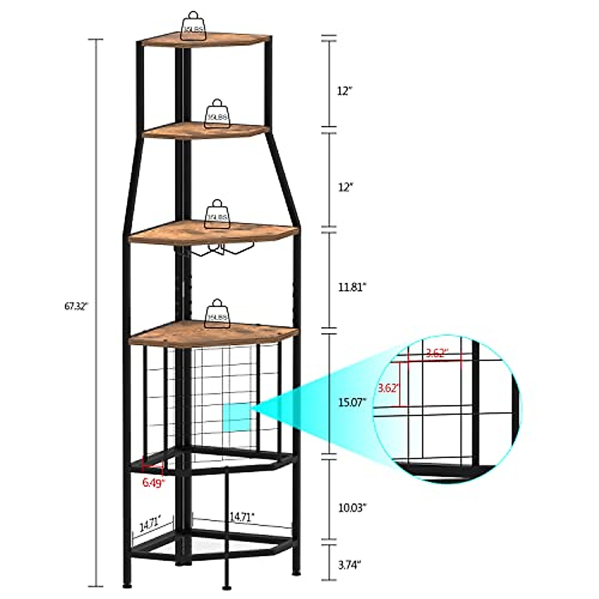 Espelism 5-Tier Corner Wine Rack Freestanding Floor with Glass Holder and Bottles Wine Storage Industrial Bar Cabinets with LED Light for Liquor and Glasses for Living Room Kitchen Home Bar