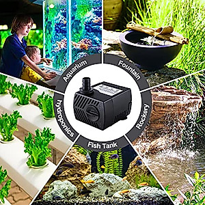 Submersible Fountain Pump 2 Packs 80GPH (4W 300L/H), Quiet Water Pump with 2.6ft High Lift, Fountain Water Pump with 9.8ft（3m）Tubing, 3 Nozzles for Fish Tank, Aquarium, Hydroponics, Statuary, Pond