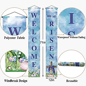 Pudodo He is Risen Porch Banner Easter Christian Cross Resurrection Religious Holiday Front Door Sign Wall Hanging Party Decoration