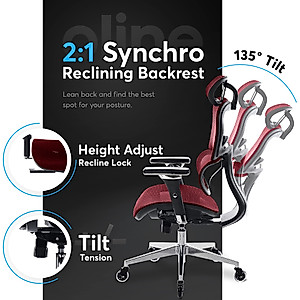 Oline ErgoPro Ergonomic Office Chair - Rolling Desk Chair with 4D Adjustable Armrest, 3D Lumbar Support and Blade Wheels - Mesh Computer Chair, Gaming Chairs, Executive Swivel Chair (Burgundy Red)