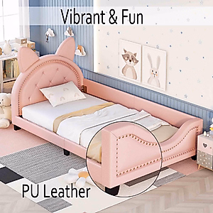 RIDFY Daybed with Headboard, Rabbit-Shaped Camas, Wood Twin Platform Bed Frame for Girls Boys, Cute Upholstered Sofa Bed, PU Leather, Space-Saving, No Box Spring Needed (Pink)