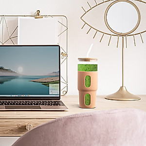 32oz Drinking Glass Tumbler with Bamboo Lid and Straw - Silicone Sleeve - Fits Car Cup Holder - Reusable Boba Smoothie Cup, Spill Proof Travel Water Bottle, Iced Coffee Tumbler, BPA Free - Amber.