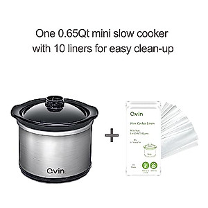 Qvin 0.65-qt Mini Round Slow Cooker 1pc + 10pcs Disposable Liners, Fondue Melting Pot Warmer with Dishwasher-safe Stoneware Crock, Glass Lid, Stainless Steel housing, BPA Free