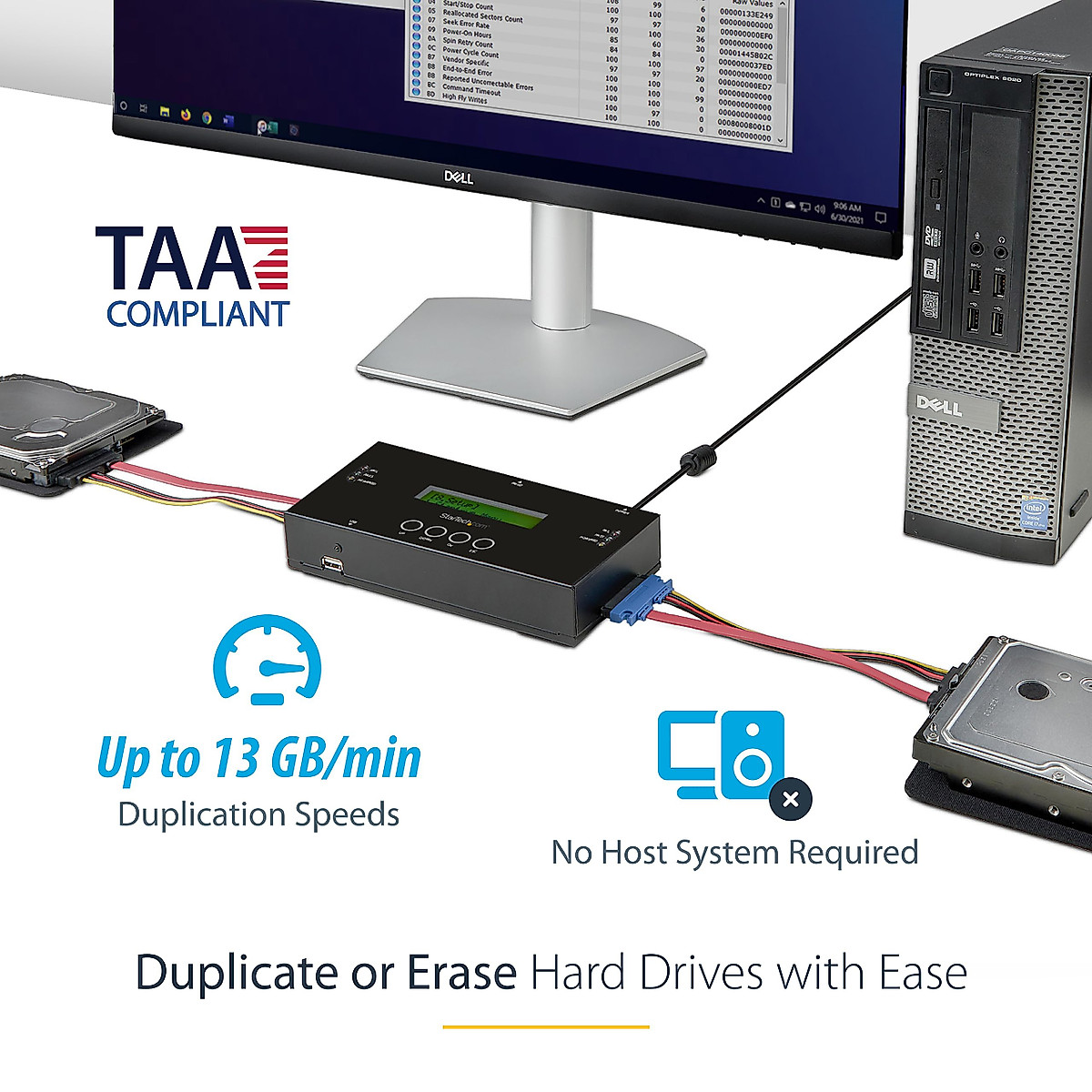 StarTech.com 1:1 Standalone Hard Drive Duplicator and Eraser, SAS/SATA HDD/SSD Cloner/Copier, Hard Drive Duplicator/Sanitizer, Harddisk/Harddrive Wiper, LCD, Toolless, TAA Compliant (SATSASDUPE11)