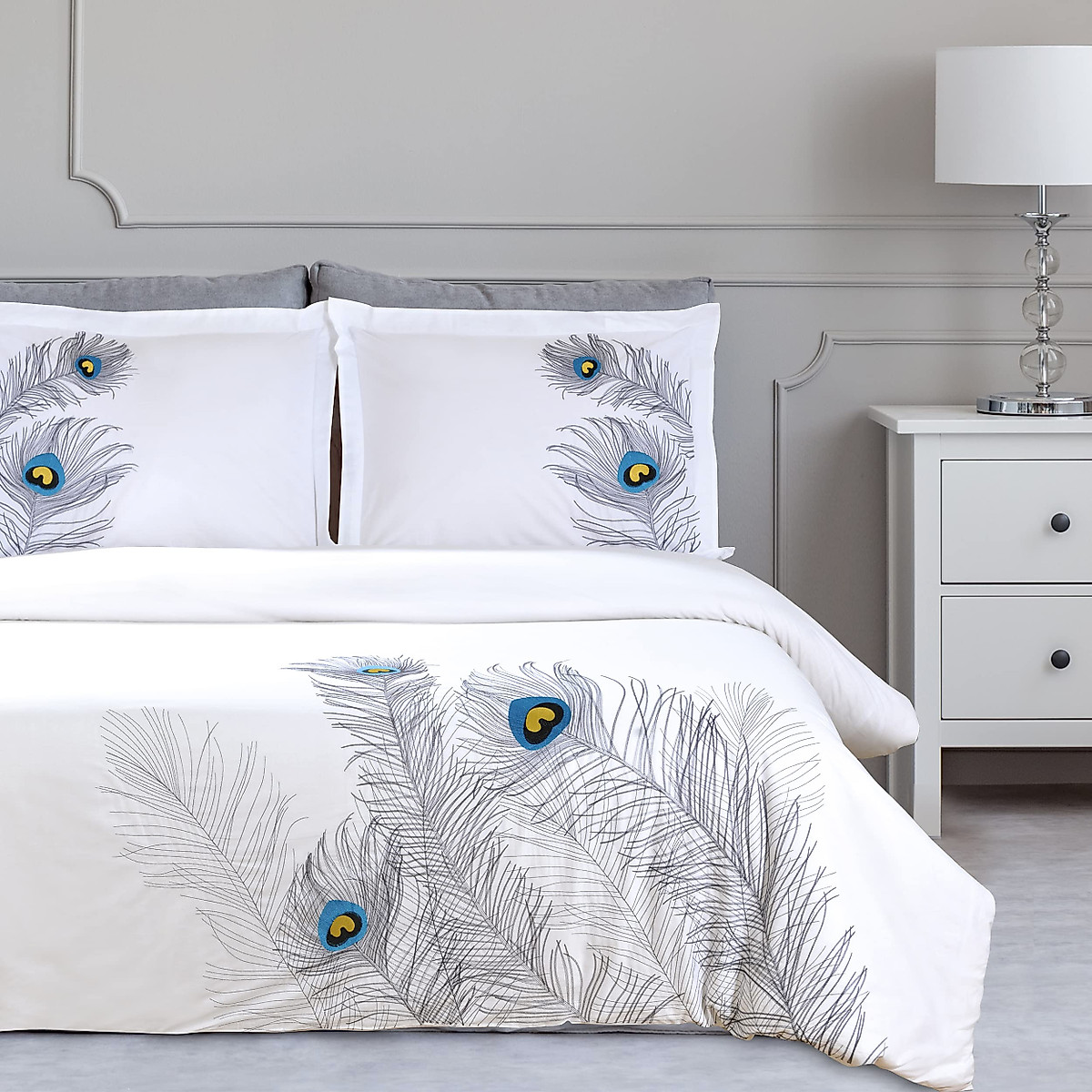 100% Cotton, 3-Piece King/California King, Single Ply, Soft, Embroidered Peacock Duvet Cover Set, Silver