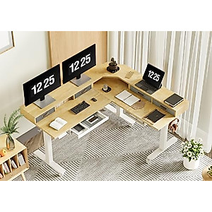 INNOVAR Triple Motor L Shaped Standing Desk with Drawers, Solid Wood Adjustable Corner Stand Up Desk, 63" Electric Standing Desk for Home Office, White Frame/Nature Top