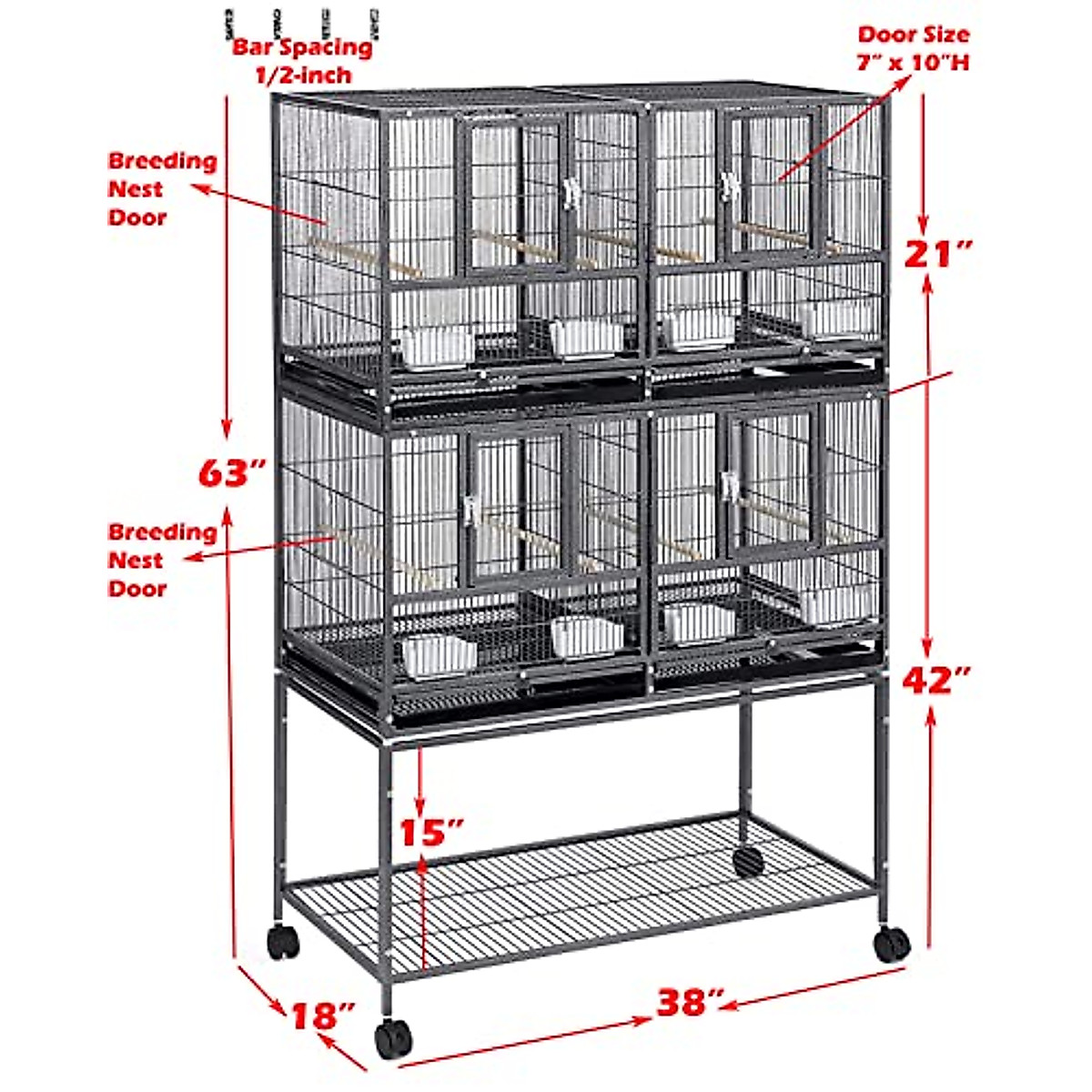 1/2/3-Combo Stacker Center Divided Breeder Breeding Bird Flight Double Rolling Cage for Aviaries Canaries Cockatiels Lovebirds Finches Budgies Small Parrots (Black Vein, Two Stacker)