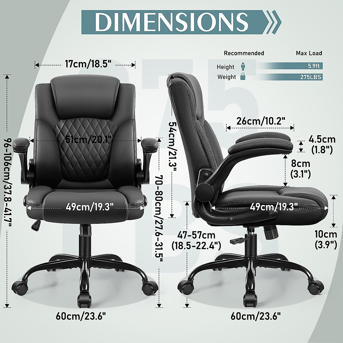 Leather Office Chair, PU Home Computer Desk Chairs with Ergonomic Back Support, 360°Swivel Free，Small Gmaing Chair with Wheels and Adjustable Armrests, for Short People Use, Black