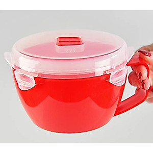 Home-X Microwave Soup Mugs with Lid- Set of 2, Microwave Soup Bowls with Handle and Vented Lid, BPA Free Dishwasher Safe, 32oz Capacity, Set of 2, 7 ¼" L x 5" W x 4" H, Red