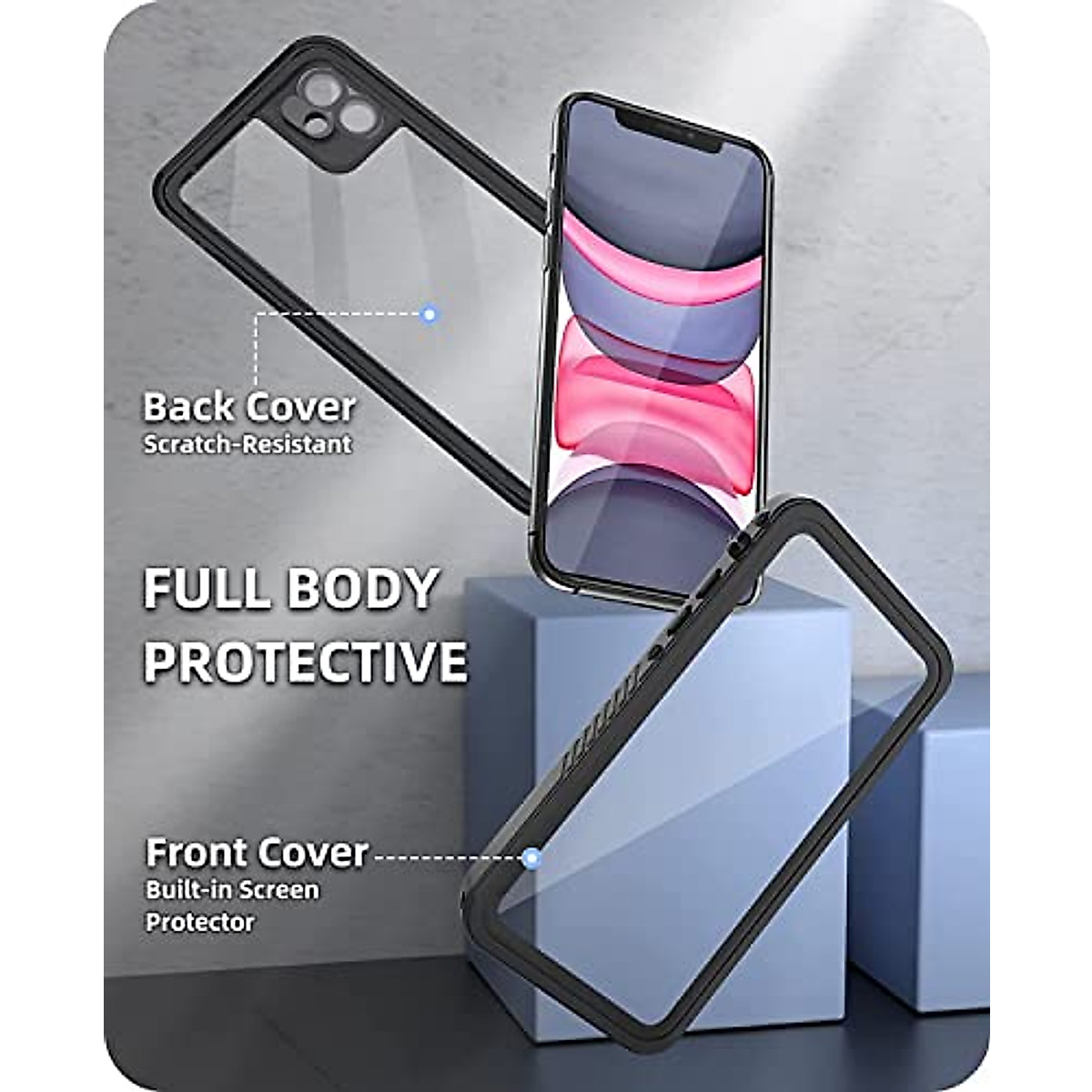 WIFORT iPhone 11 Waterproof Case - Built-in Screen Protector Water Resistant Cover Protective Drop Protection Hard, Shockproof Full Body Defender Tough Military Grade - 6.1" Black