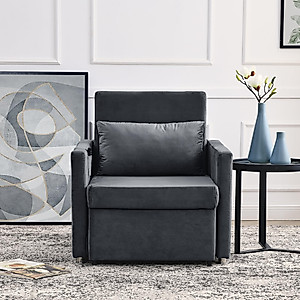 Futon Folding Single Chair Bed,Convertible Sleeper Sofa 2-in-1 Pull Out Lounge Chair Beds with Pillow&Pocket for Living Room Apartment Office（Grey）