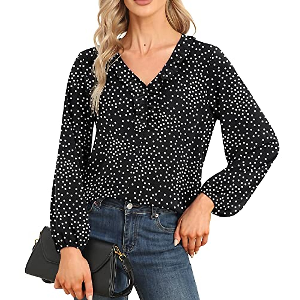 VIISHOW Black Dot Polka Dot Tops Fashion Casual V Neck Ruffled Womens Blouse (Black Dot, Medium)