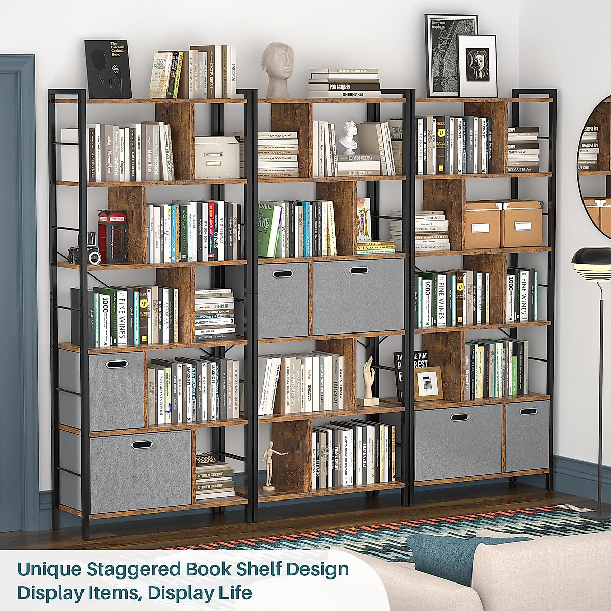 74 Inch Tall Bookshelf, 6 Tier Bookcase with Drawers, Modern Book Shelf Display Standing Shelf Units with Storage, Wood and Metal Bookshelves for Living Room, Bedroom, Home Office, Rustic Brown