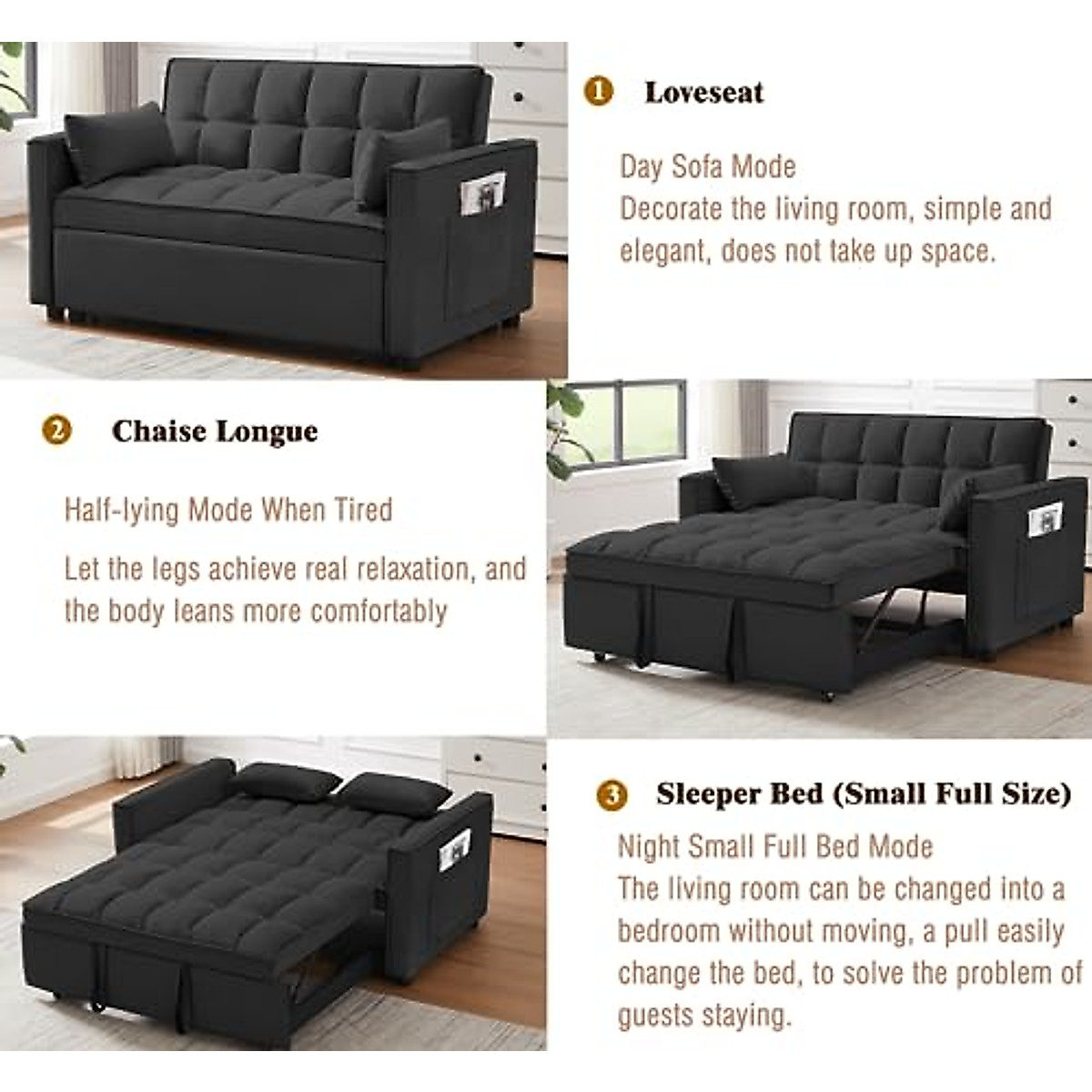 Lin-Utrend 55''Convertible Sleeper Sofa Couch with Adjustable Backrest, Modern Velvet 2 Seater Sofa with Pull-Out Bed with 2 Pillows, Small Love Seat Lounge Sofa Bed for Small Space (Black)
