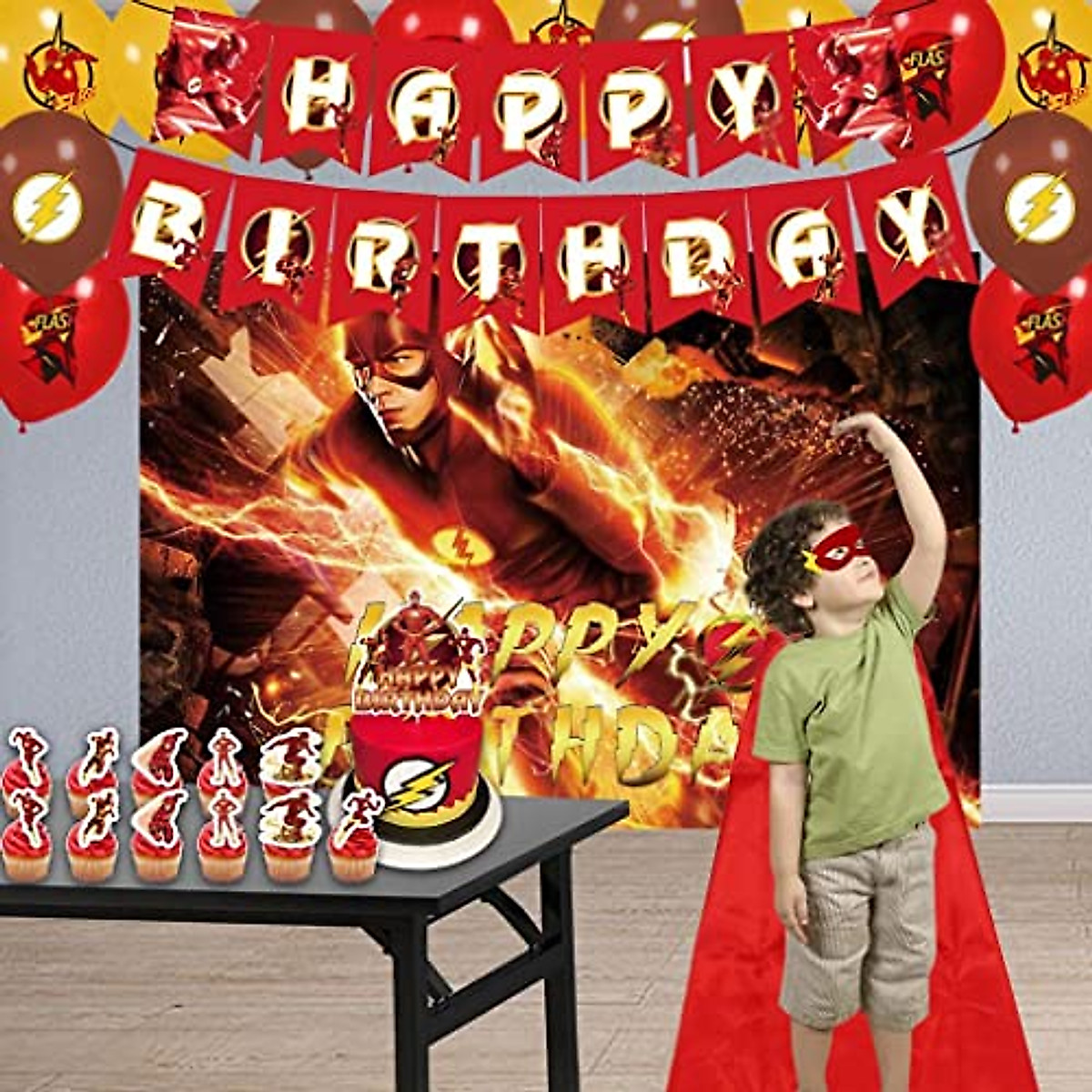103 Pcs Anime Birthday Decorations Include Banner，Backdrop, Balloons, Cake Topper, Cupcake Toppers, Mask, Cloak and Tattoo Stickers,Flash Birthday Party Supplies for boys