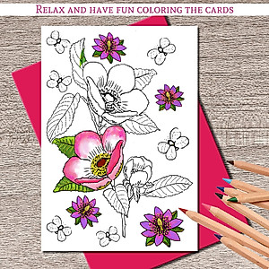 Art Eclect Adult Coloring Flower Greeting Cards for Birthdays, Anniversary, Thank You and Sympathy Cards (10 Cards and 10 Envelopes, Set Flowers B/Pink)