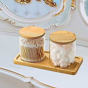 2 Pack 20oz Glass Qtip Holder with Bamboo Vanity Tray Glass Cotton Ball Holder Apothecary Jars Bathroom Organizer Canisters with Lids for Cotton Swabs Cotton Pads Dental Floss Makeup Brush Perfume.