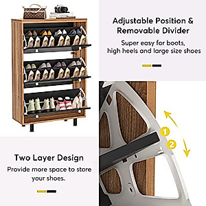 Tribesigns 3 Drawer Shoe Cabinet, Freestanding Shoe Rack Storage Organizer with Flip Door, Modern Tipping Bucket Shoe Cabinet for Entryway, Hallway, Bedroom, Small Spaces, Walnut & Black