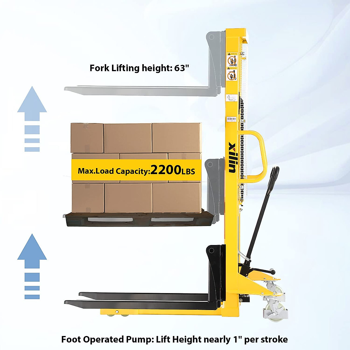 Xilin Manual Pallet Truck Stacker 2200lbs Capacity 63" Hydraulic Lift Height with Adjustable Forks and Fixed Legs Handling Tools