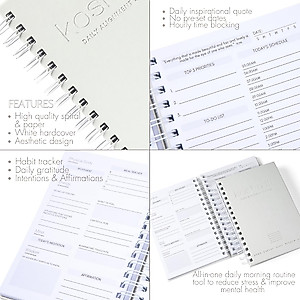 Daily Alignment Journal: Habit Tracker, Mindfulness Journal, Hourly Planner | Happiness & Productivity | Undated Hardcover Spiral Planner, White Journal for Mental Health - Wellness Gift Ideas