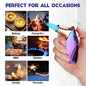 Torch Lighter, Windproof Triple Jet Flame Butane Lighter with Safety Lock, Adjustable Flame Refillable Pocket Lighter for Kitchen Outdoor Use, Zinc Alloy - Rainbow Colored (Butane Not Included)
