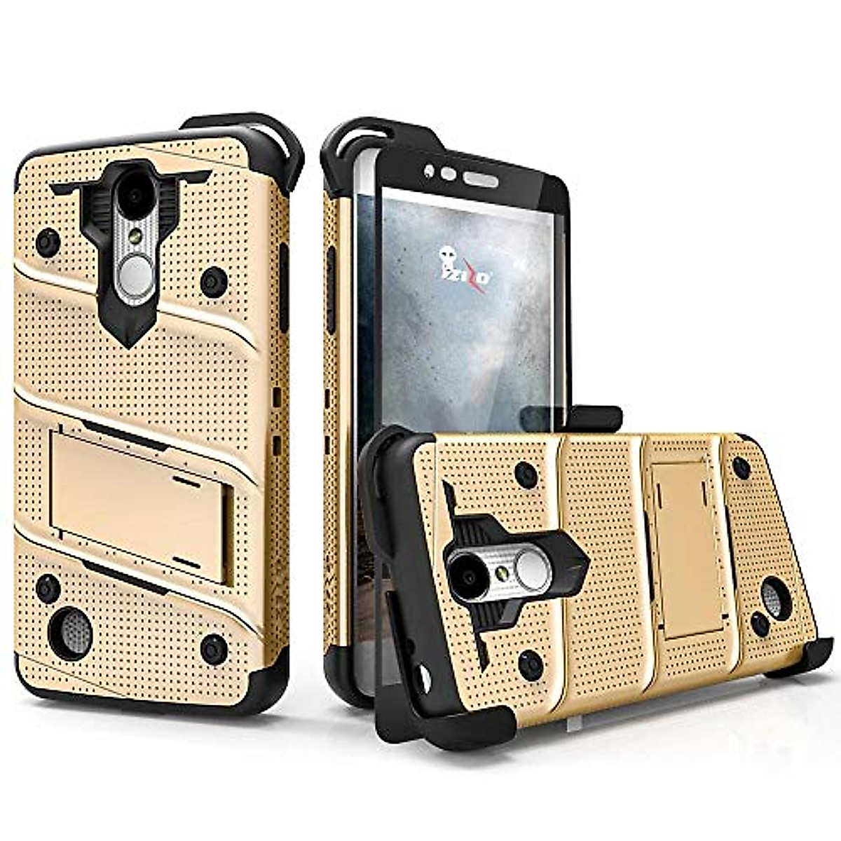 ZIZO Bolt Series LG Aristo Case Military Grade Drop Tested with Tempered Glass Screen Protector Holster LG Fortune Gold Black