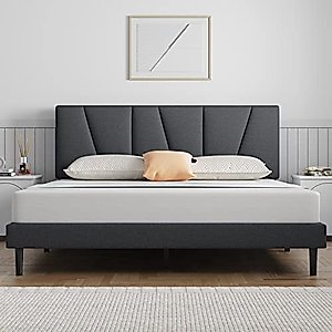 Molblly Twin Bed Frame Upholstered Platform with Headboard and Strong Wooden Slats, Strong Weight Capacity, Non-Slip and Noise-Free,No Box Spring Needed, Easy Assembly,Dark Grey Twin Bed