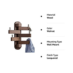 Coat Hooks for Wall, Walnut Wood Wall Hooks with 5 Swivel Foldable Arms, 12'' Length Wall Coat Rack Hat Hooks for Bathroom Entryway Bedroom Office Kitchen, Heavy Duty