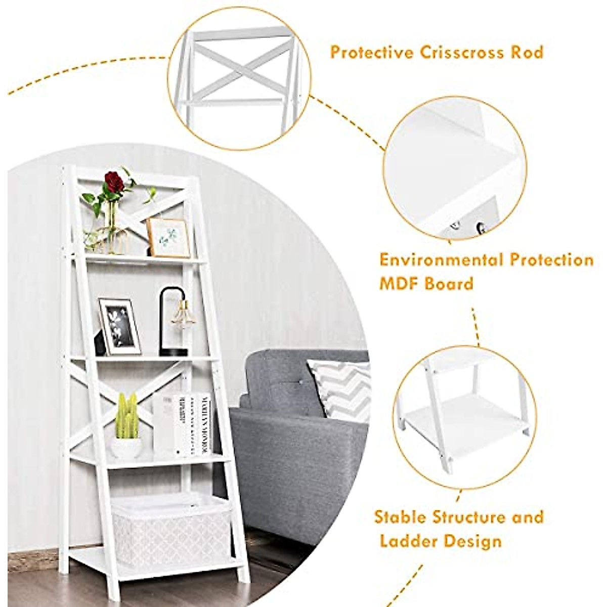 LUARANE Modern 4-Tier Ladder Shelf, Wooden Bookshelf with X-Shaped Frame, Free Standing Bookcase with 4 Open Storage Shelves, Organizer Shelf for Living Room Kitchen Office (2, White)