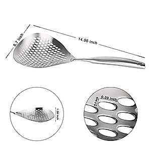 Skimmer Slotted Spoon - YAHAFI 304 Stainless Steel Food Grade Filter Spoon with Comfort Handle and Hanging Holes, Spider Strainer Skimmer for Kitchen Cooking Draining and Frying (15 Inch)