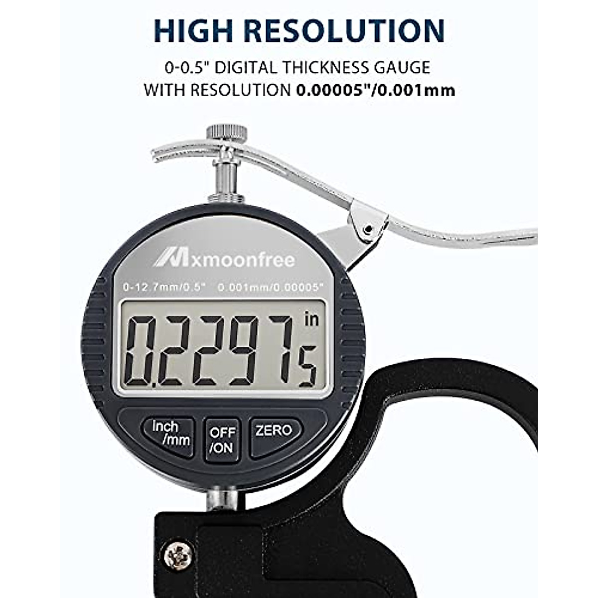 Mxmoonfree Digital Thickness Gauge 0.001mm/0.00005" | 0-12.7mm/0.5" Electronic Micrometer Thickness Meter with LCD Display, Unit Conversion, Storage Case, Extra Battery