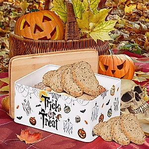 Halloween Bread Box with Bamboo Cutting Board Lid, Modern Metal Bread Storage Container Trick or Treat Kitchen Decor, Vintage Halloween Decorations For Home Organizer, Halloween Gifts for Women