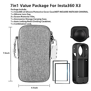 LEWOTE 7in1 Compatible with Insta360 X3 Accessories Kit[Silicone Camera Case Cover and Lens Cap][2Pcs 3D Screen Protector Film][Carrying Case Bag with Auto Locking Carabiner and Anti-loss Lock]