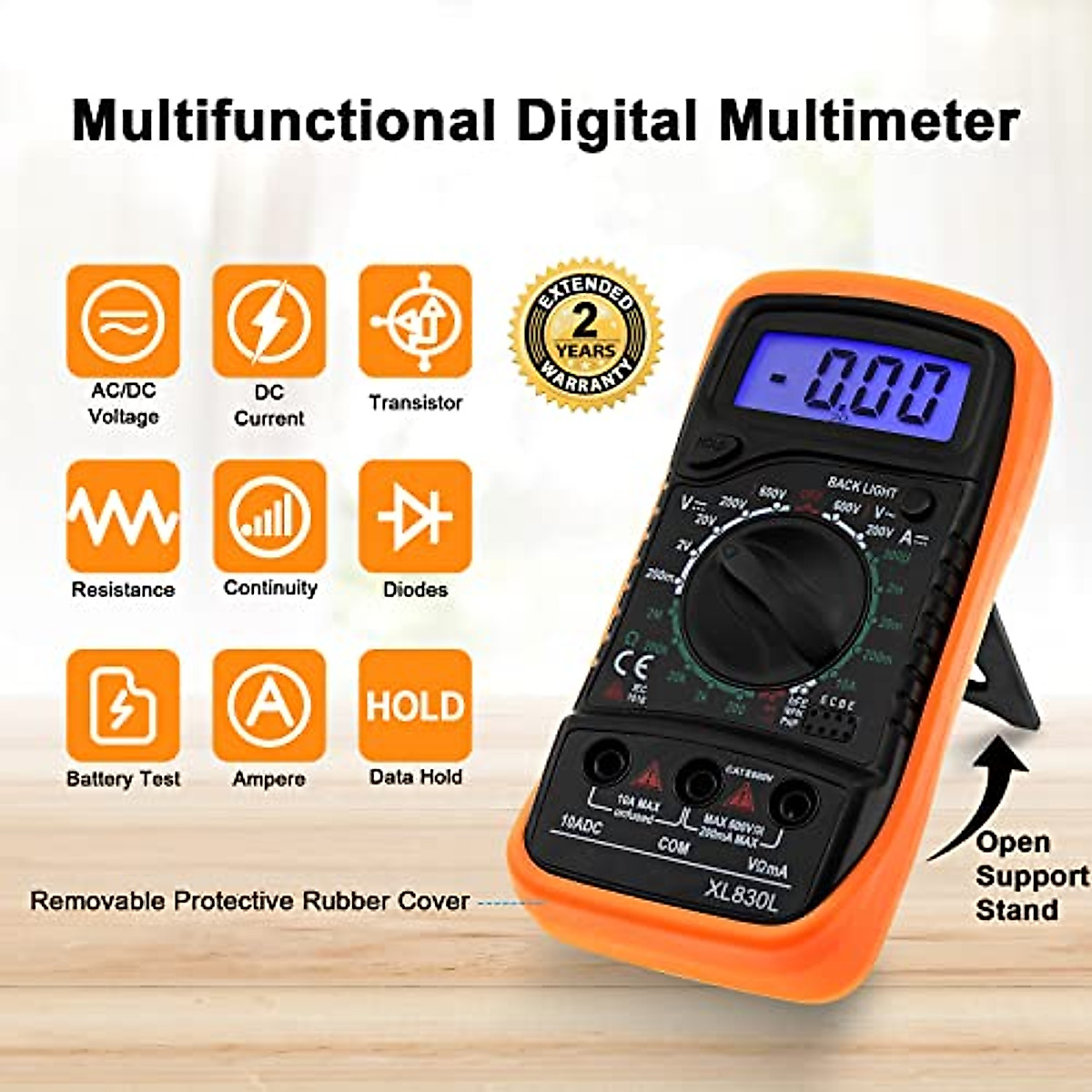Digital Multimeter Voltmeter Battery Circuit Multi Tester OHM Volt Amp AC DC Voltage Current Continuity Resistance Diodes Electrical Test Meter with Test Leads LCD Display