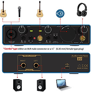 USB Audio Interface, AKLOT Xrl Audio Interfaces, for the Guitarist, Vocalist, Podcaster or Producer, 24-bit/192 kHz High-Fidelity, Studio Quality Recording, 2 In 2 Out Audio Interfaces for PC/Win/Mac