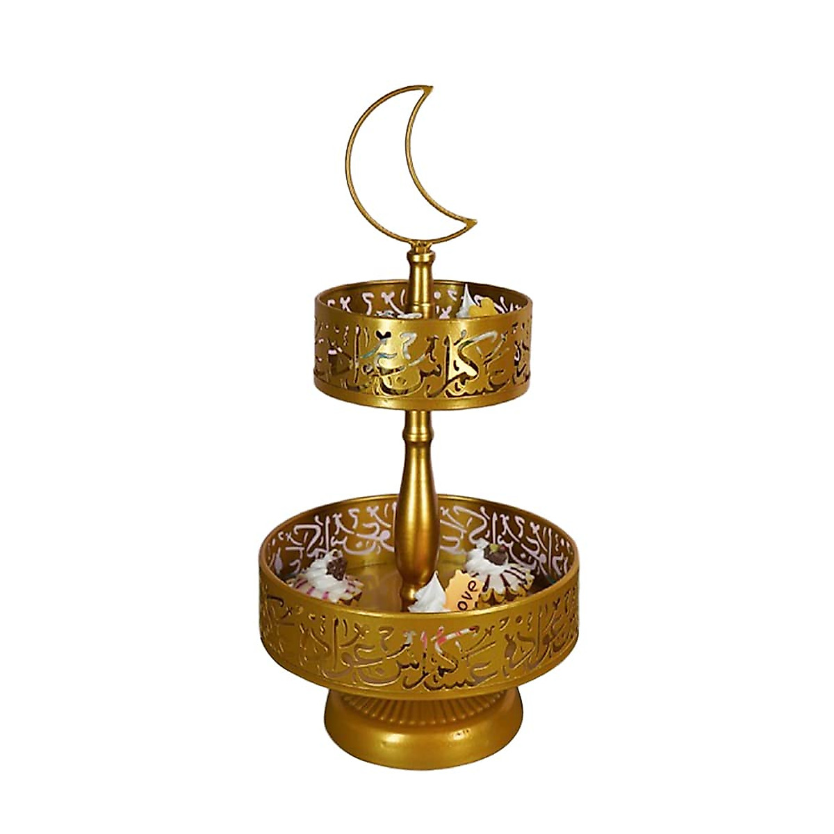 Eid Ramadan Double-Layer Pastry Tray Dinner Plate Tray Dessert Tray for Home Party Decoration, Candy Dessert Rack Iron Serving Tray for Islam Muslim Table Decor Arabic Characters (Gold)
