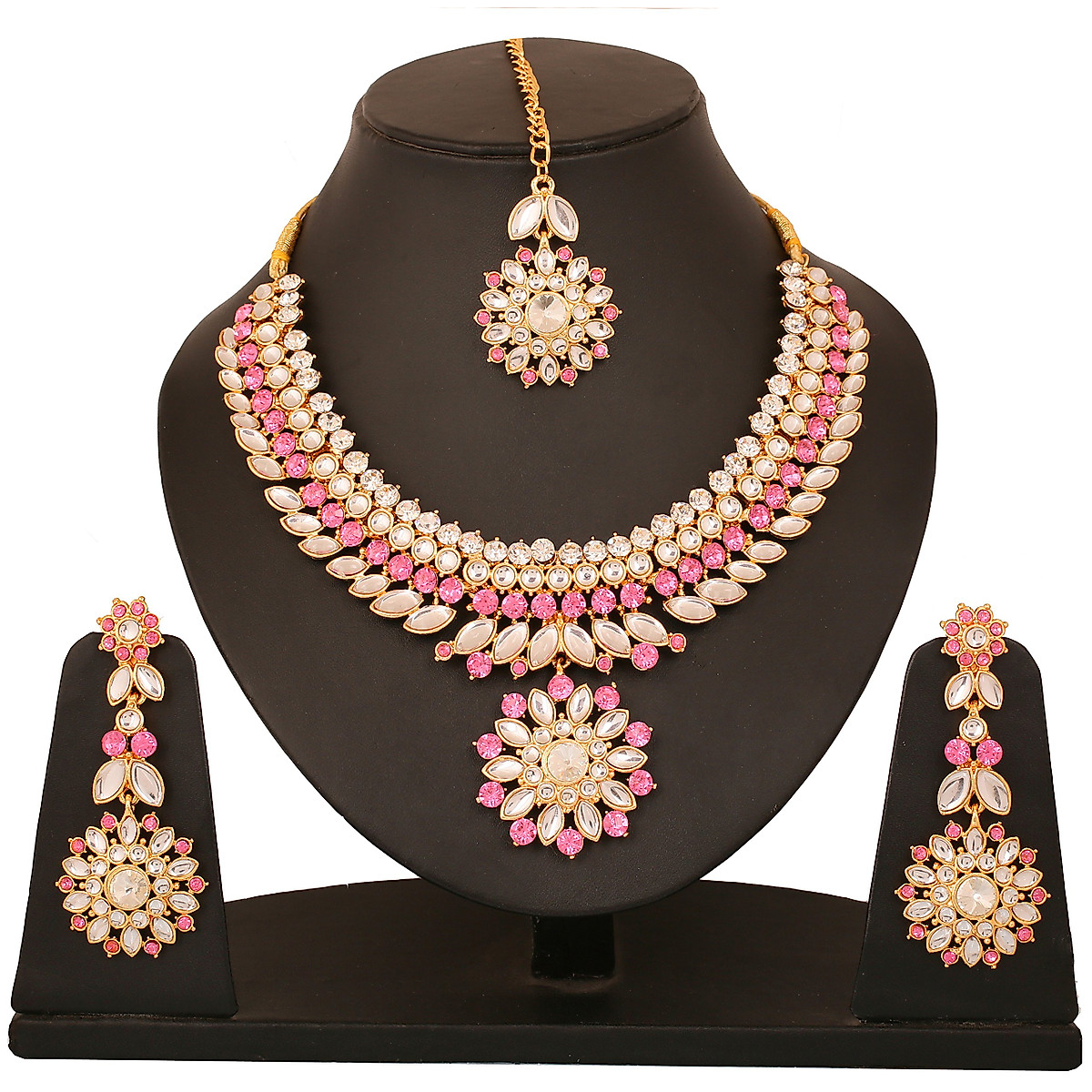 Touchstone gold tone Indian Hollywood Mughal era Kundan look fuchsia color bridal jewelry necklace set