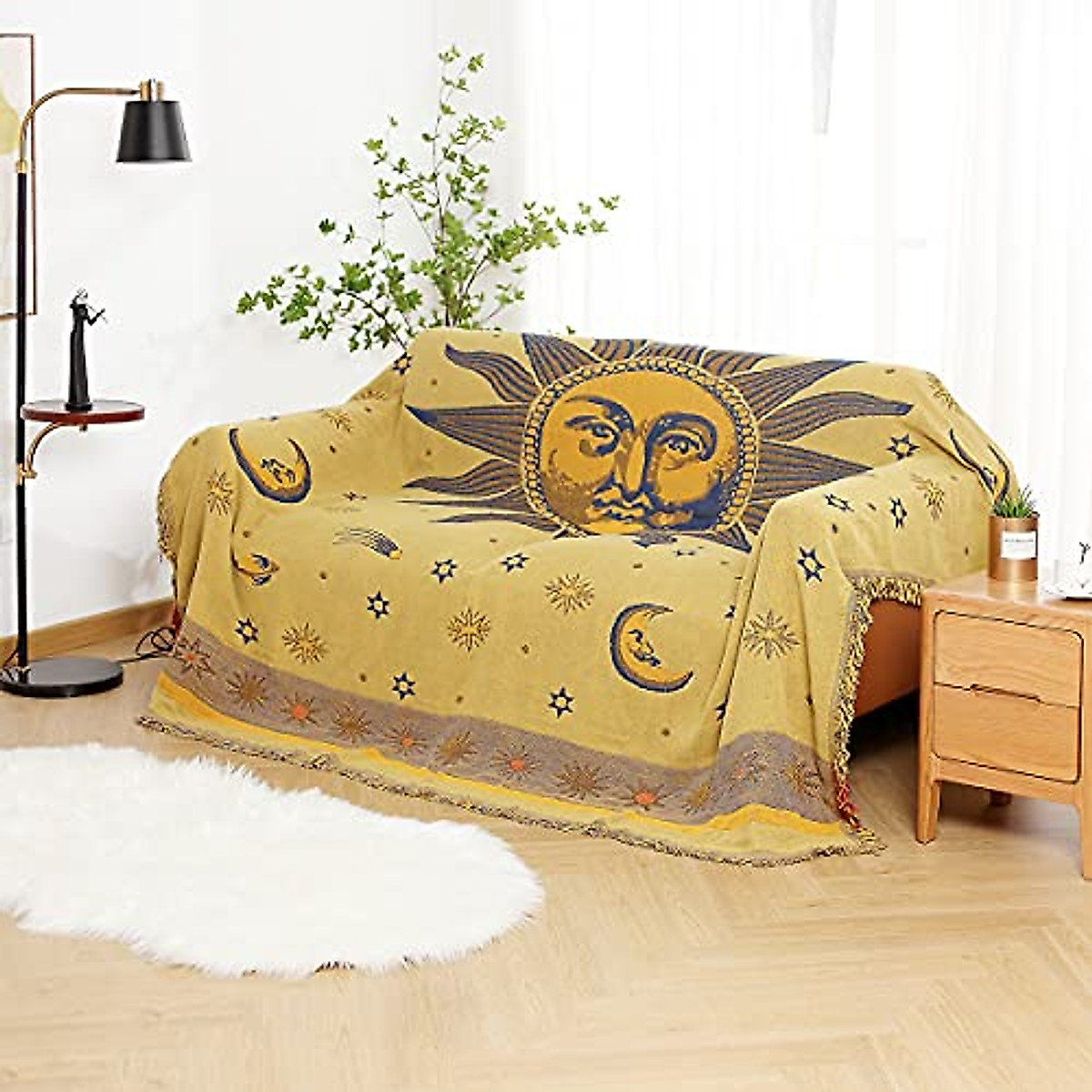 amorus Throw Blanket for Sofa Bed Chair with Decorative Tassels, Reversible Tapestry Couch Cover 50" X 70" - Sun Moon Stars