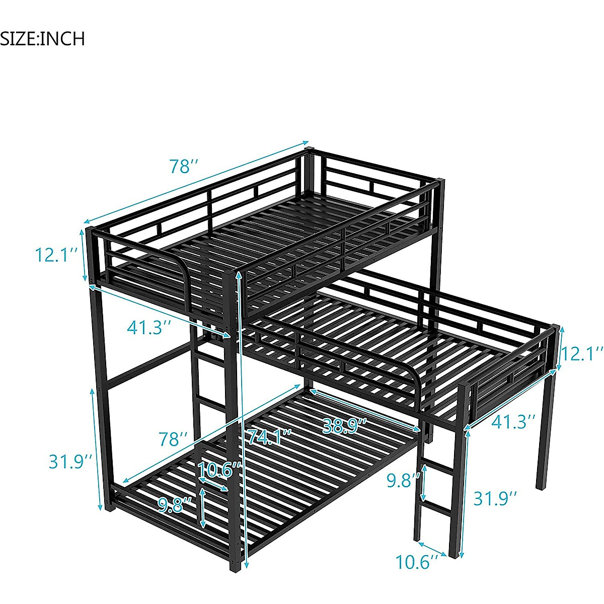 DNYN Twin Over Twin Triple Bunk Bed,L-Shaped Metal Bunkbeds with Safety Guardrails & Ladder,3 in 1 Sturdy Steel Bedframe,No Box Spring Needed & Space Saving Deisn, Black