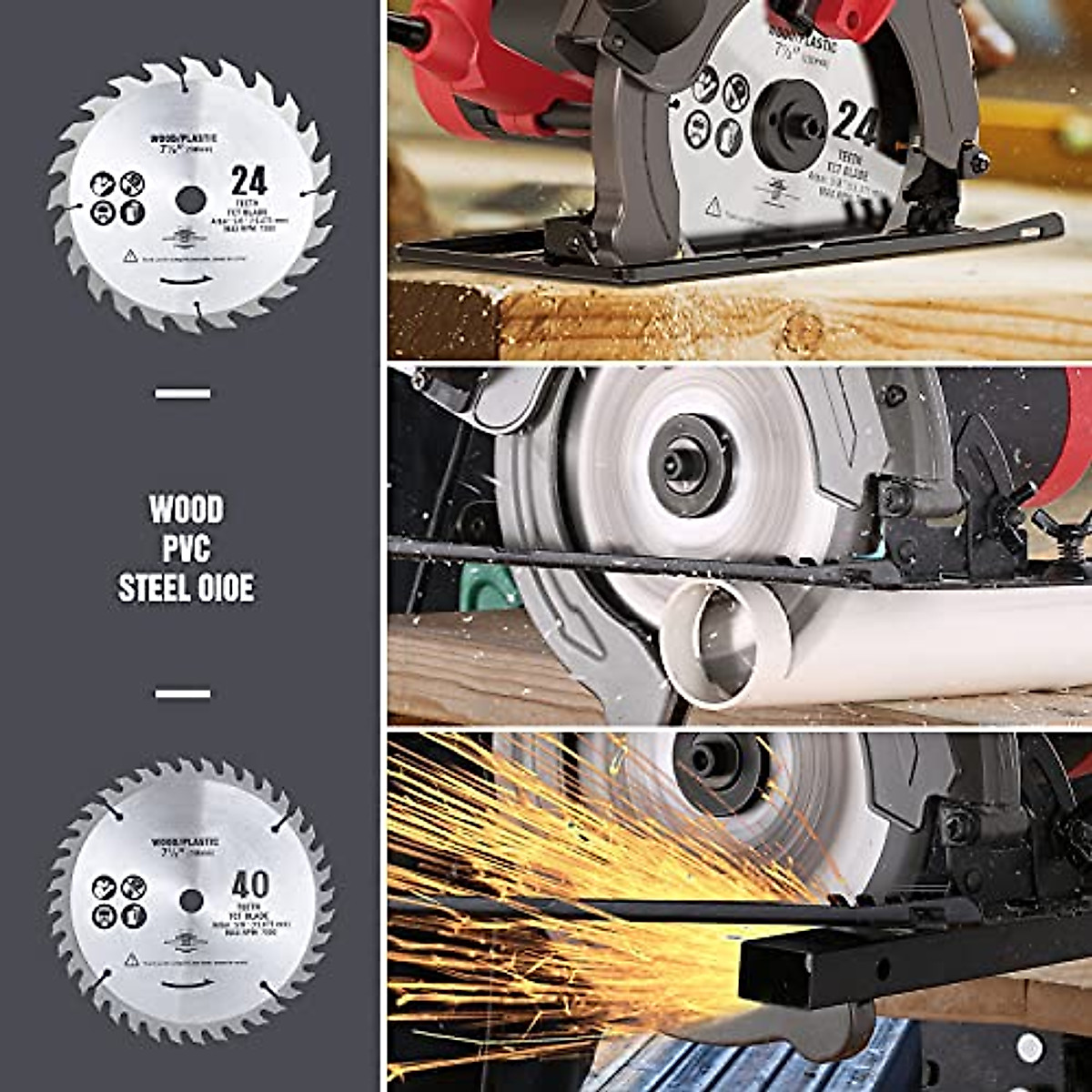 Circular Saw, Electric Saws with Laser Guide, 5000RPM 1500W Electric Circular Saw with 2 Saw Blades (24T+ 40T), 0-45° Bevel Adjustment, Ideal for Woodworking, Construction and Renovation (RED-A)