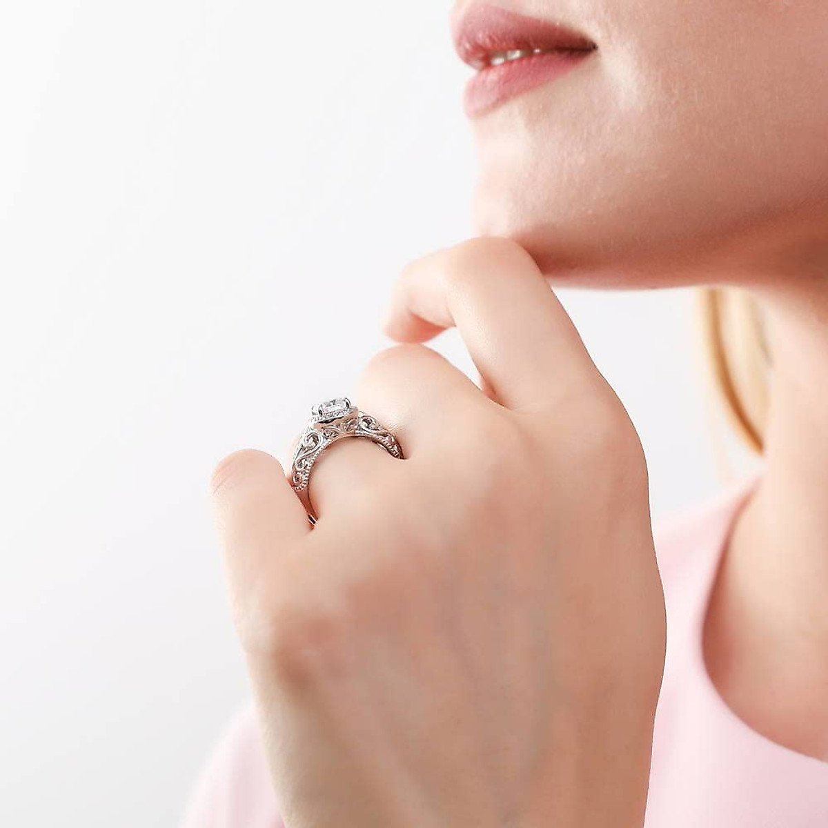 BERRICLE Sterling Silver Halo Wedding Engagement Rings Round Cubic Zirconia CZ Art Deco Ring for Women, Rhodium Plated Size 7